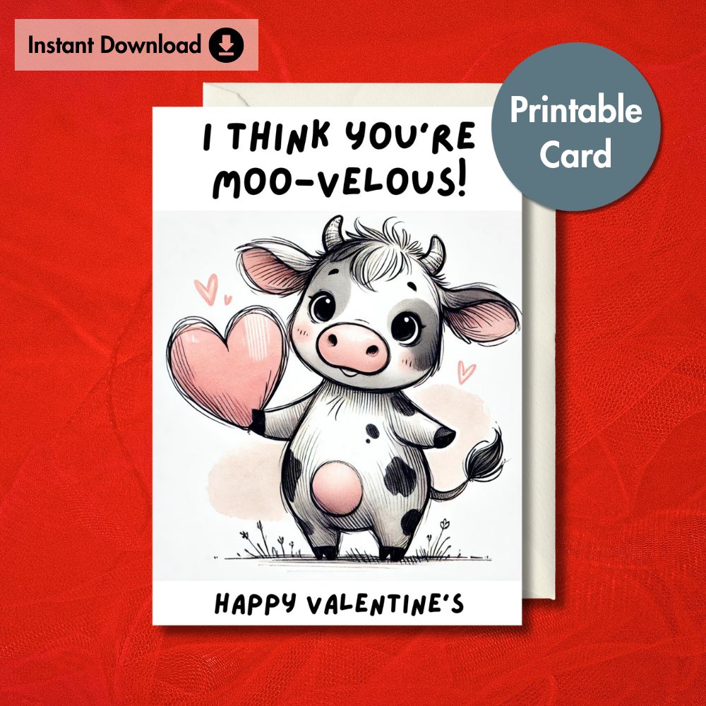 Cute You're Moo-velous Printable Children's Valentine's Card | Instant ...