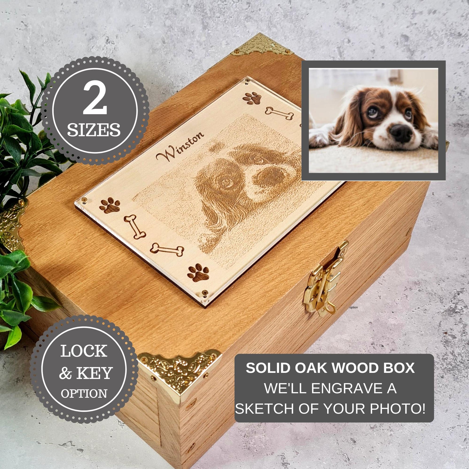 Engraved Pet Portrait Memorial Box I Oak Wood Dog Cat Keepsake Box I A ...