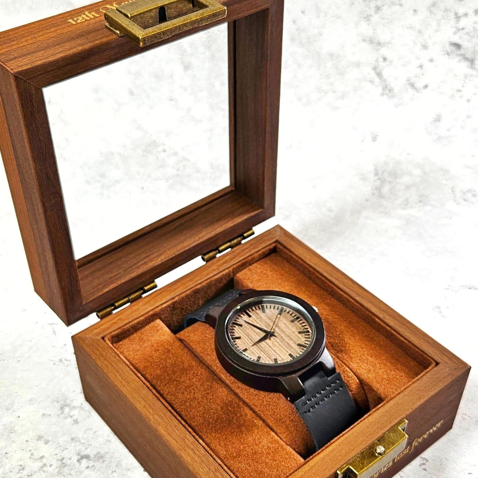 Personalised Luxury Watch Box - Walnut Wood - Clear Window Display Lid ...