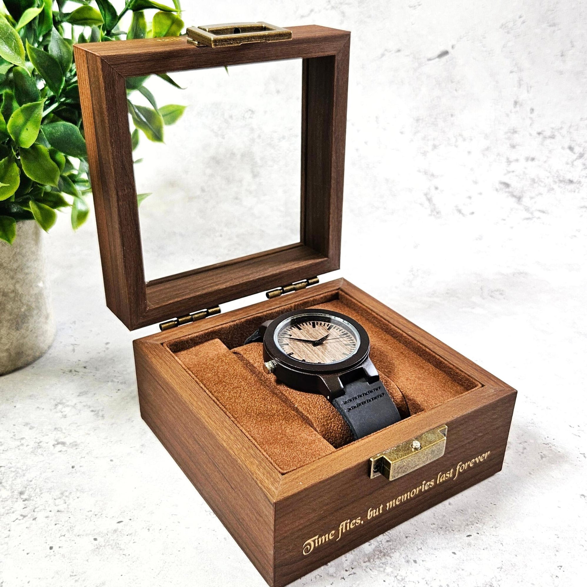 Personalised Luxury Watch Box - Walnut Wood - Clear Window Display Lid ...