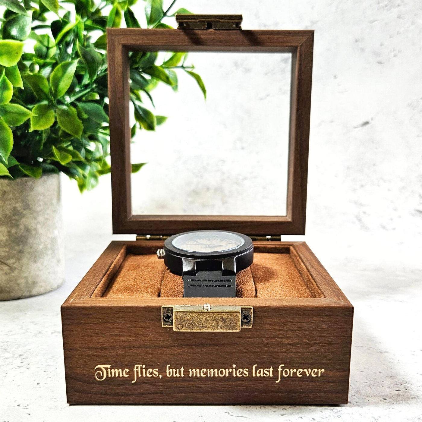 Personalised Luxury Watch Box - Walnut Wood - Clear Window Display Lid ...