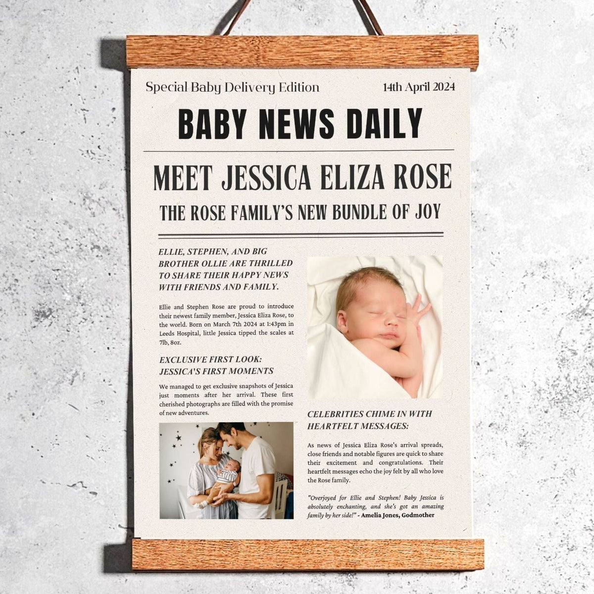Personalised Metal Baby Announcement Newspaper Print - New Baby Gift ...