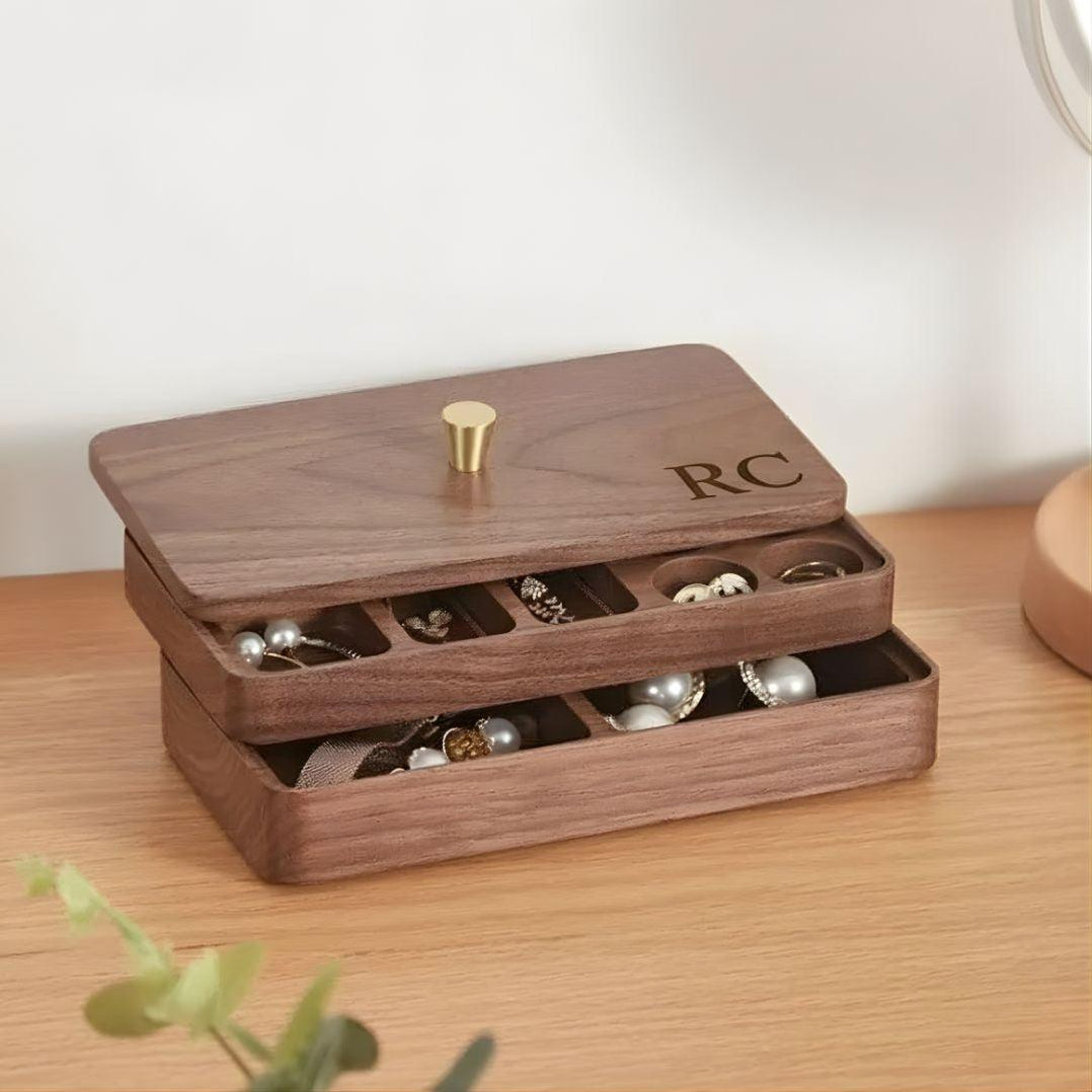 Personalised Walnut Wood Jewellery Box – Double Layer Storage — Make ...