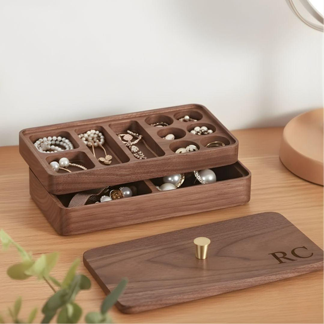 Personalised Walnut Wood Jewellery Box – Double Layer Storage — Make ...