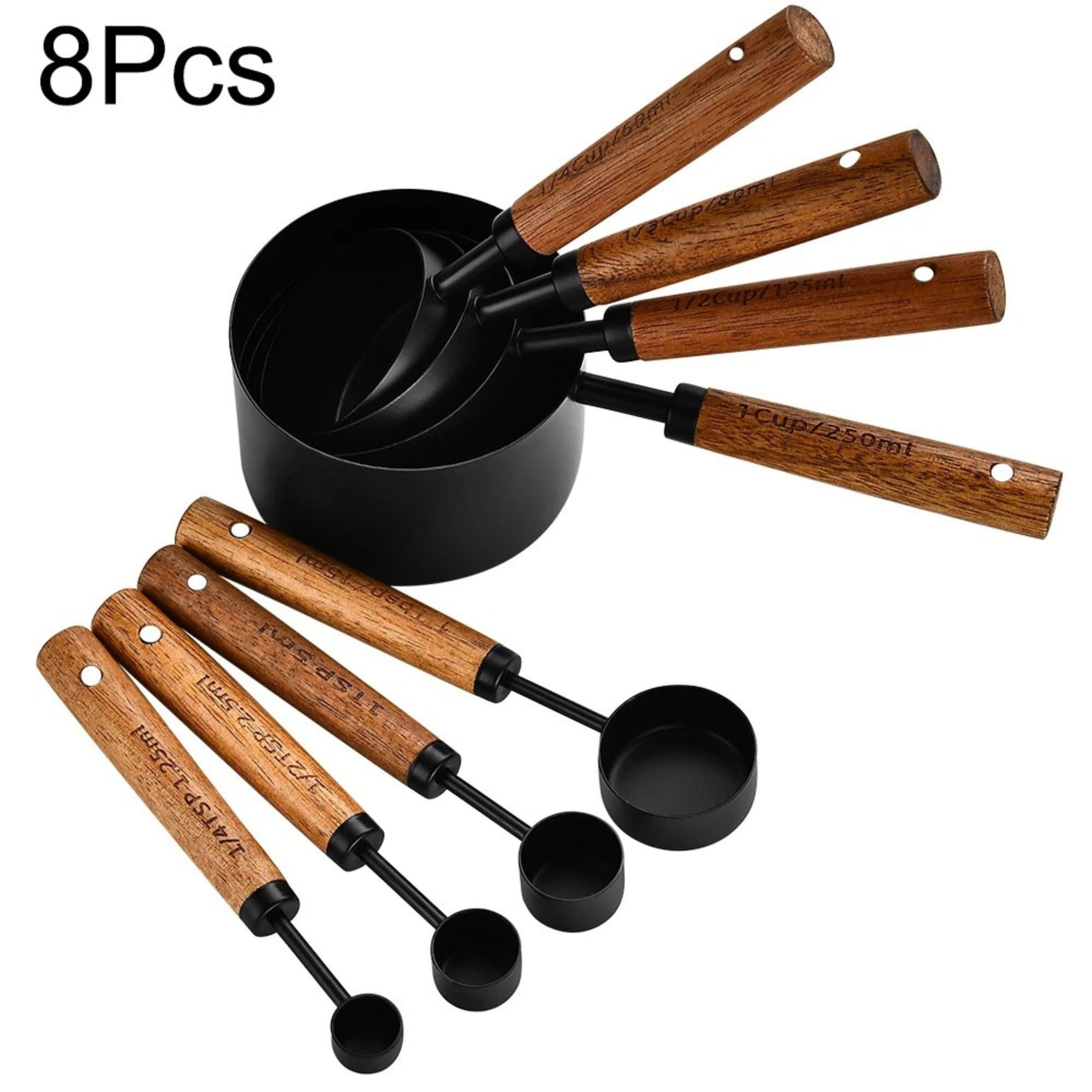 Wooden Handle Measuring Cups & Spoons | 8 Piece Set Stainless Steel ...