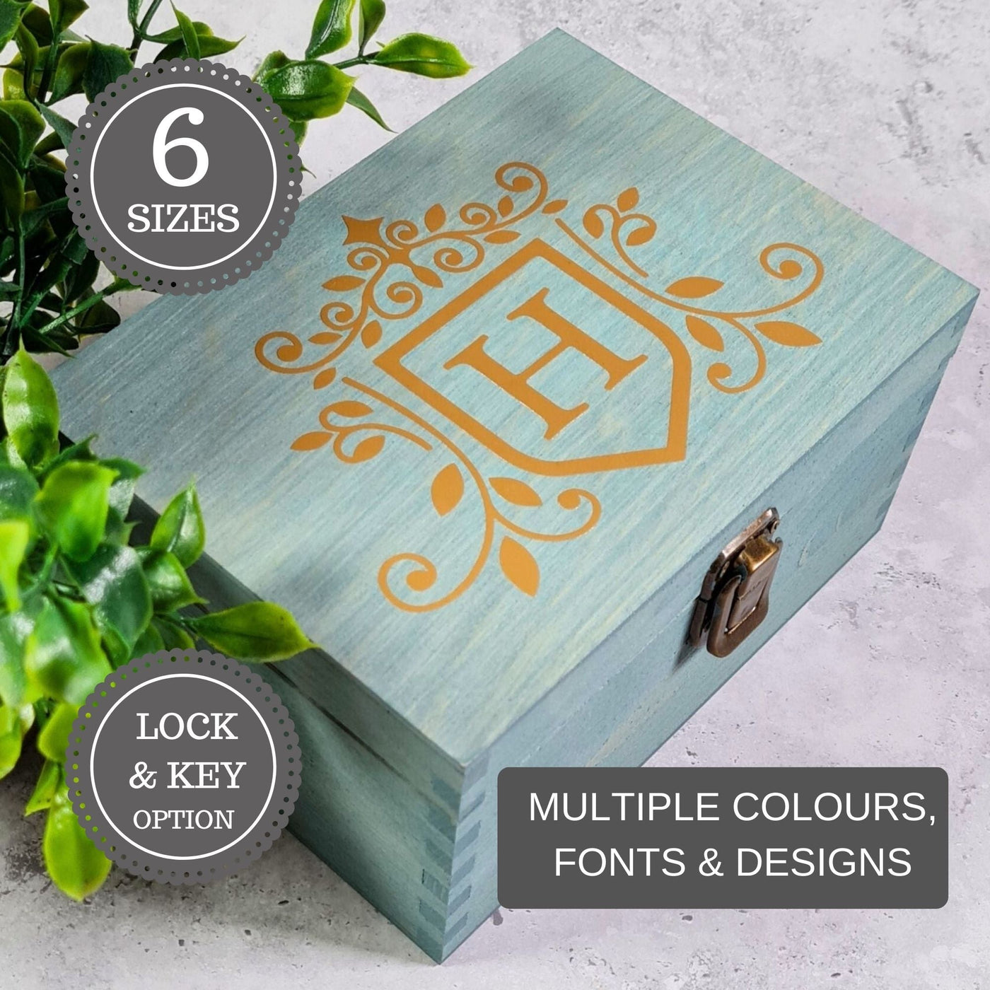 Wooden Monogram Keepsake Box I Custom Colours | Lock & Key | Sizes S-X ...