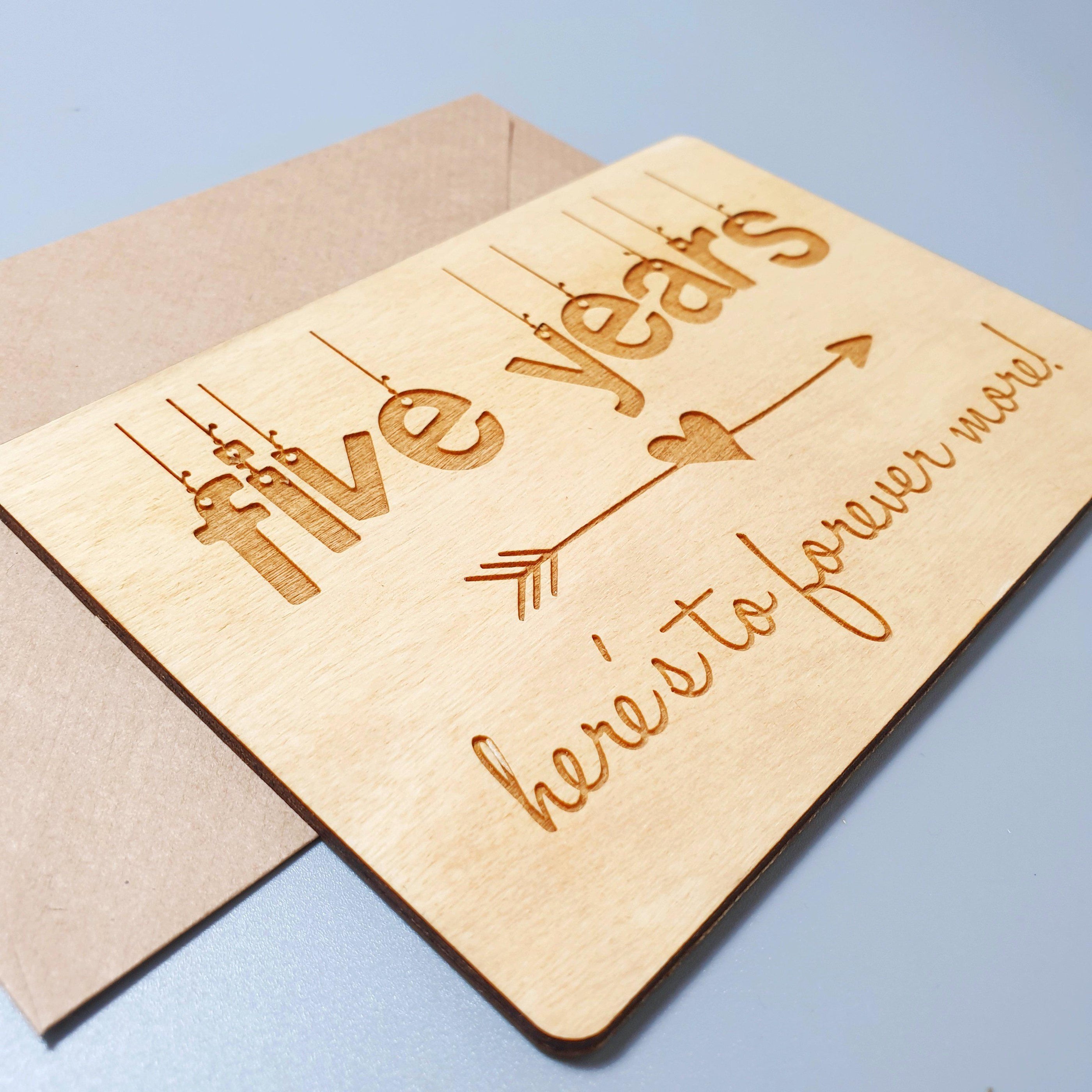 Personalised 5 Year Anniversary Wood Card I Engraved Anniversary Gift ...