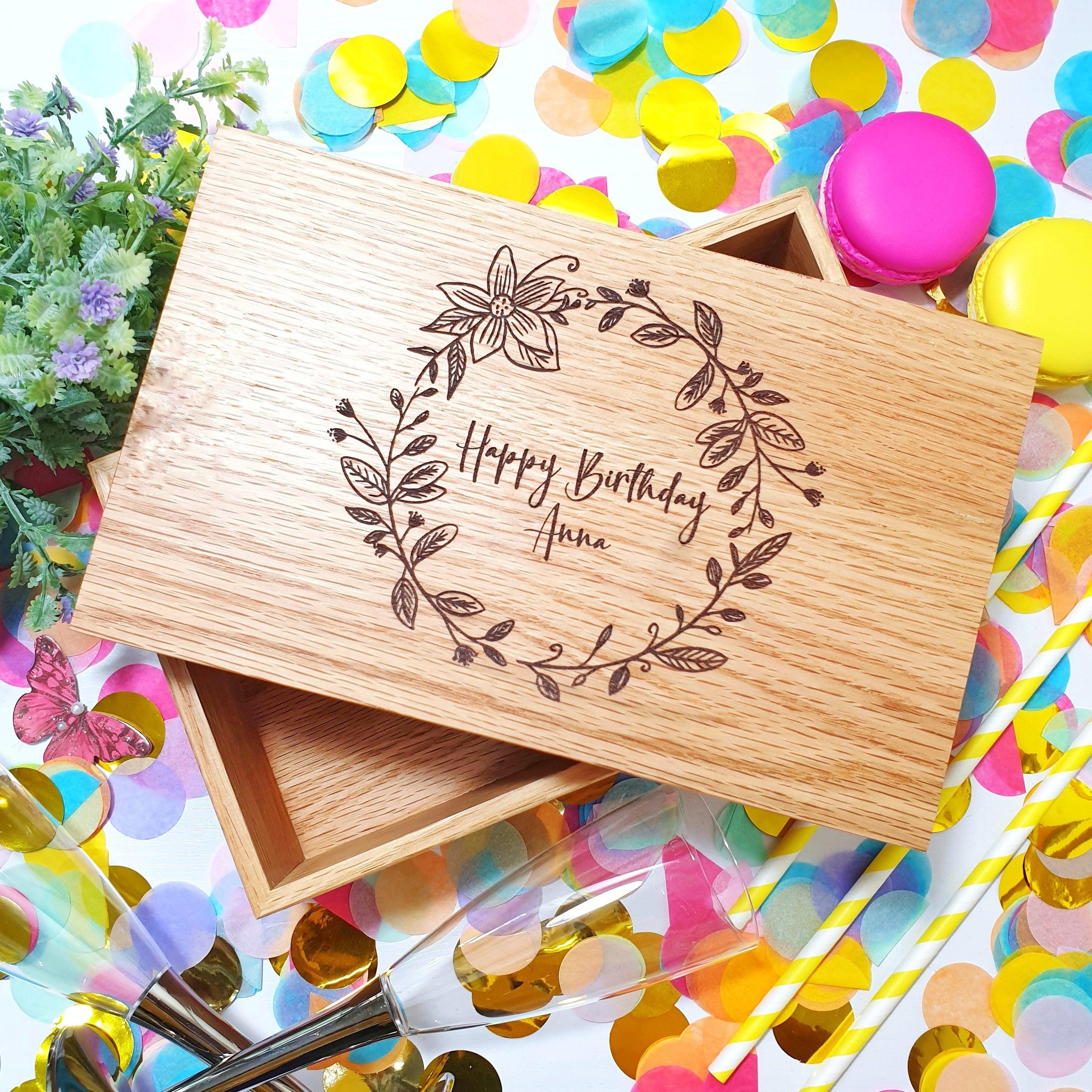 Personalised Birthday Box I Oak Wood Floral Gift I 21st 30th 40th 50th ...