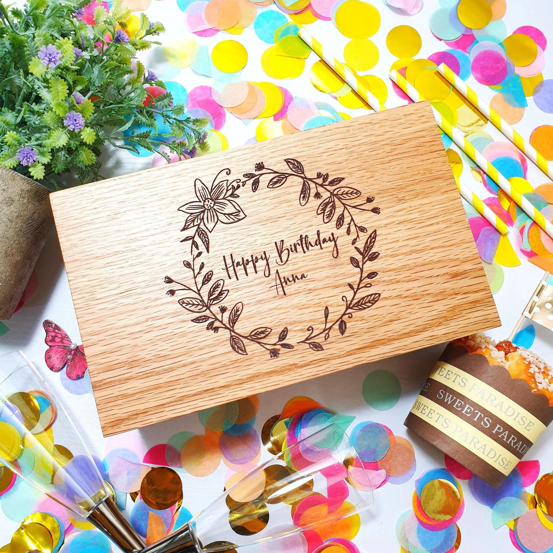 Personalised Birthday Box I Oak Wood Floral Gift I 21st 30th 40th 50th ...