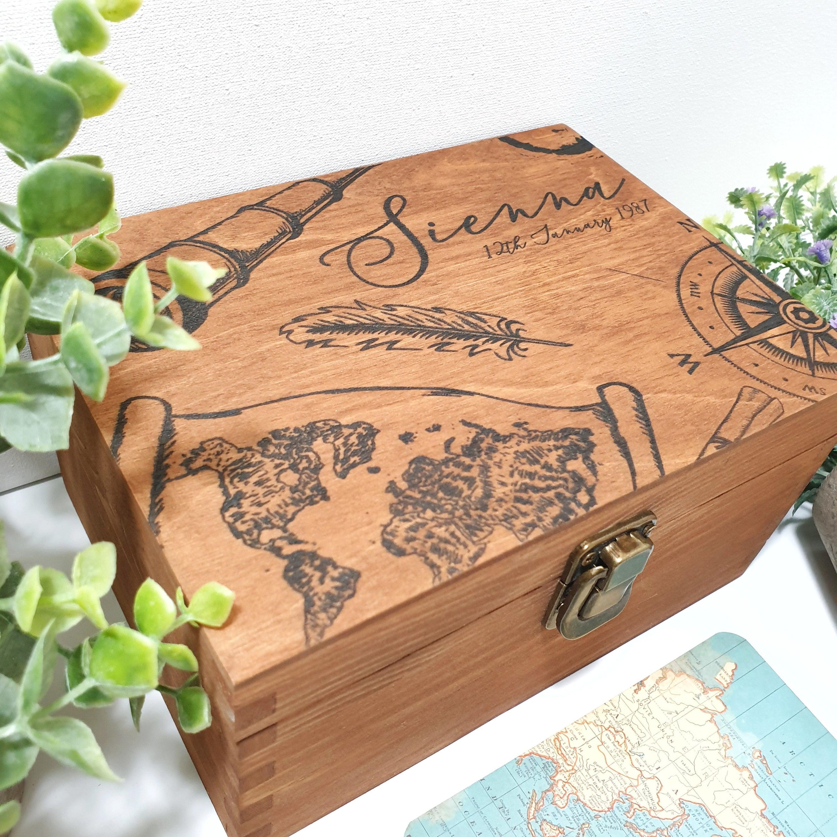 Personalised Wooden Treasure Keepsake Box I Vintage Travel Memory Box ...
