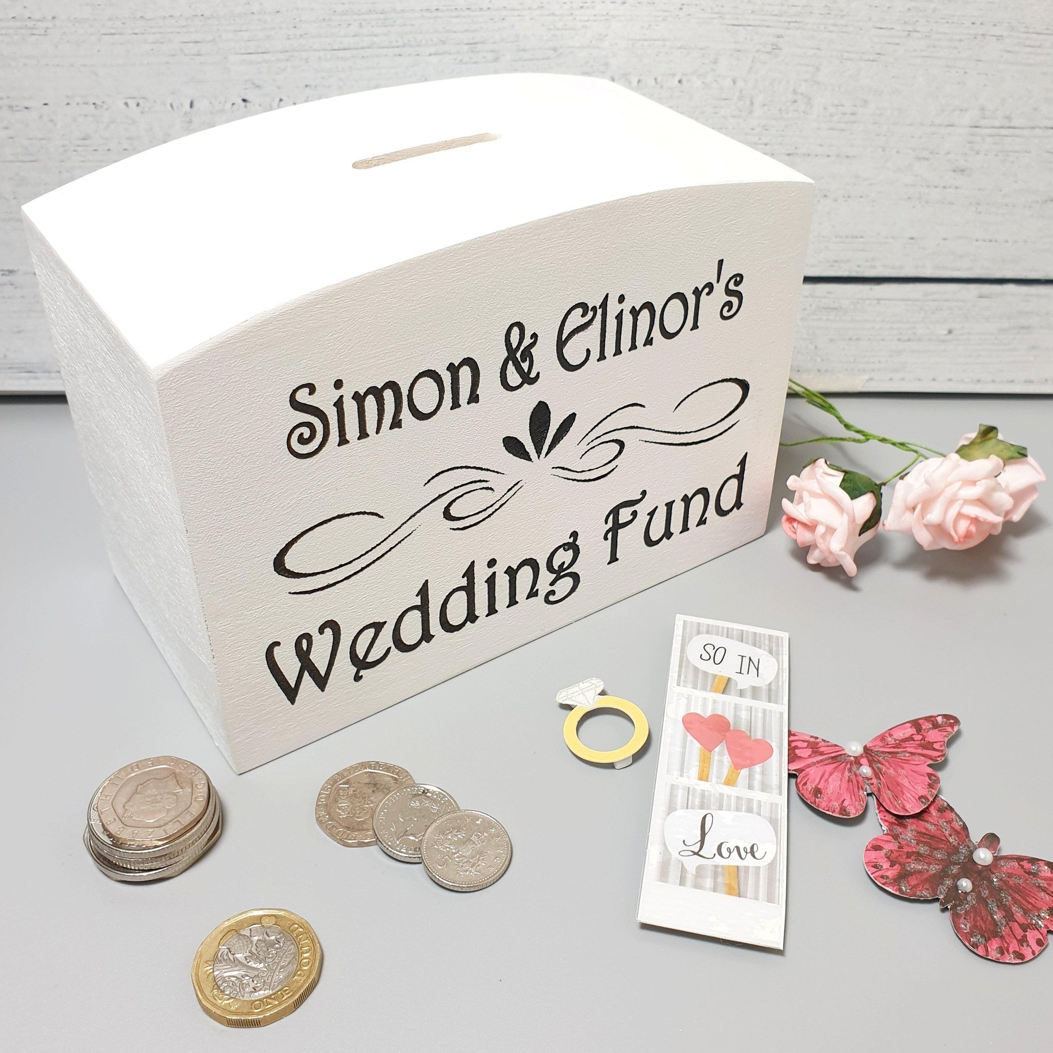 Personalised wooden wedding money box I Make Memento